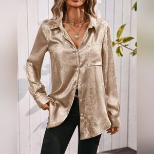 Tops | New Luxe Metallic Gold Foil Button Down Top Blouse Plus Gold ...